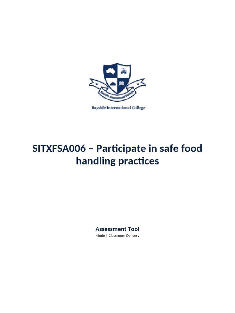Ass Tool_SITXFSA006_Part safe food handling prac | PDF | Food Safety | Safety