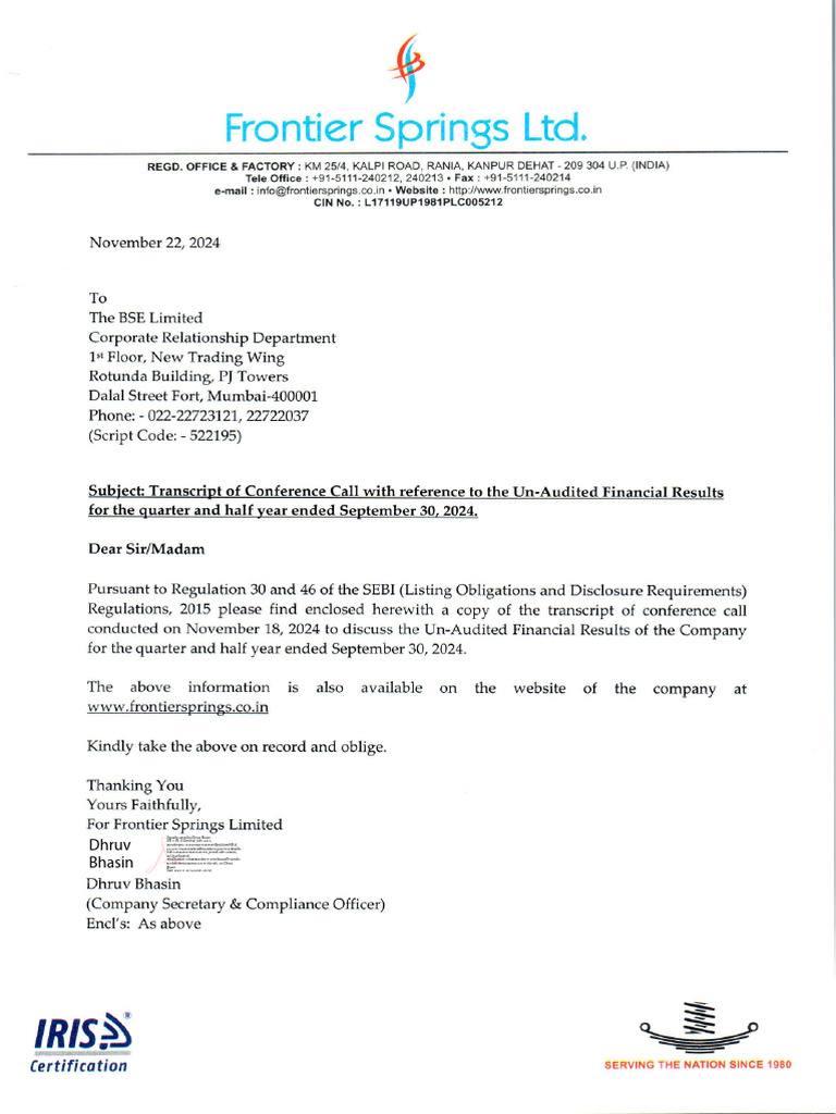 Frontier Springs LTD.: Irisd | PDF