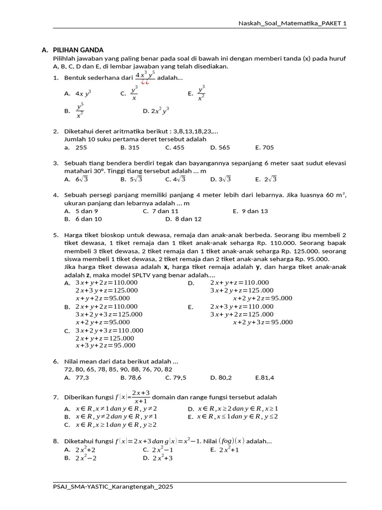 Soal Psaj MTK Paket A | PDF