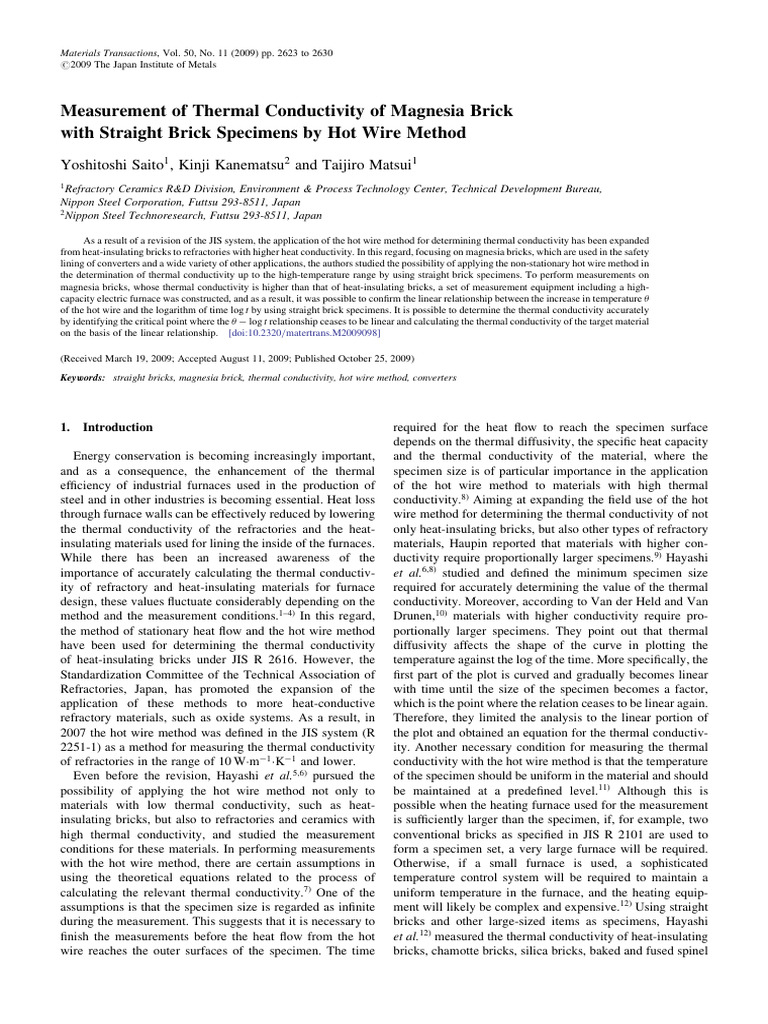 Measurement of Thermal Conductivity of MgO Brick With Straight Brick ...