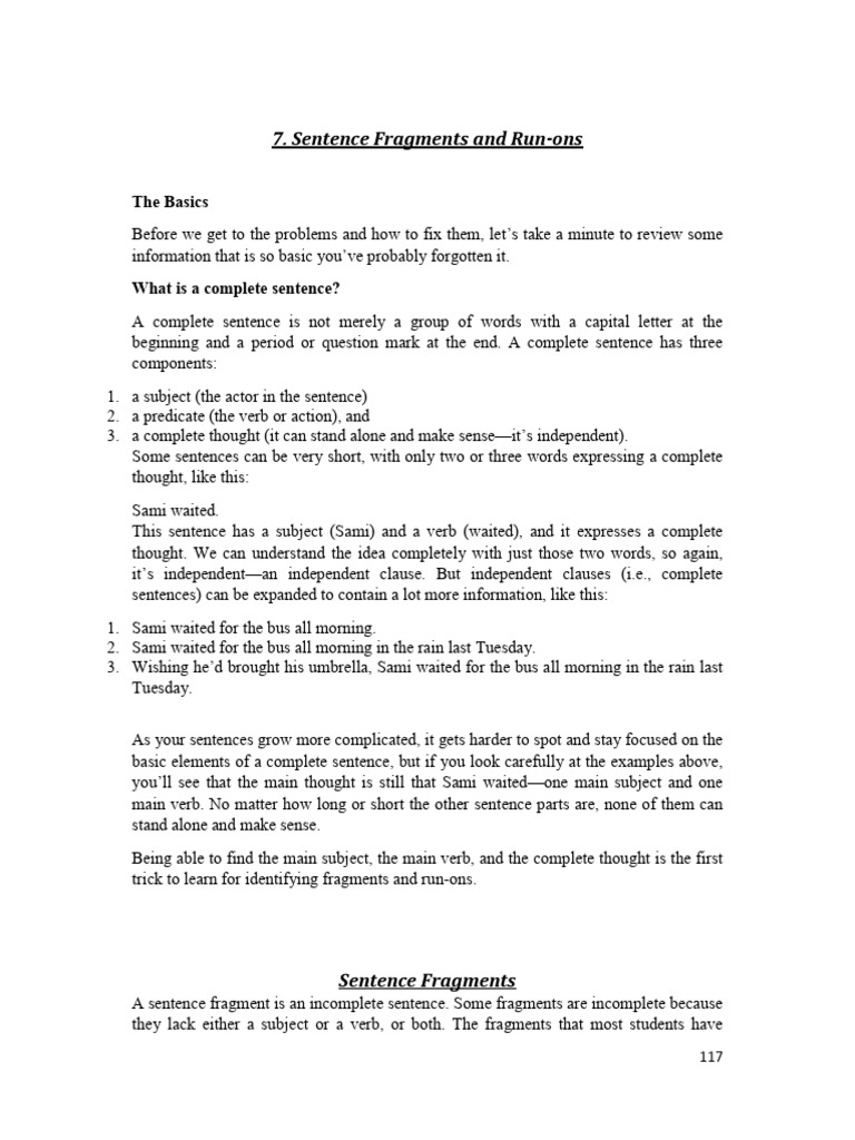 Fragments and Run Ons | PDF | Sentence (Linguistics) | Subject (Grammar)