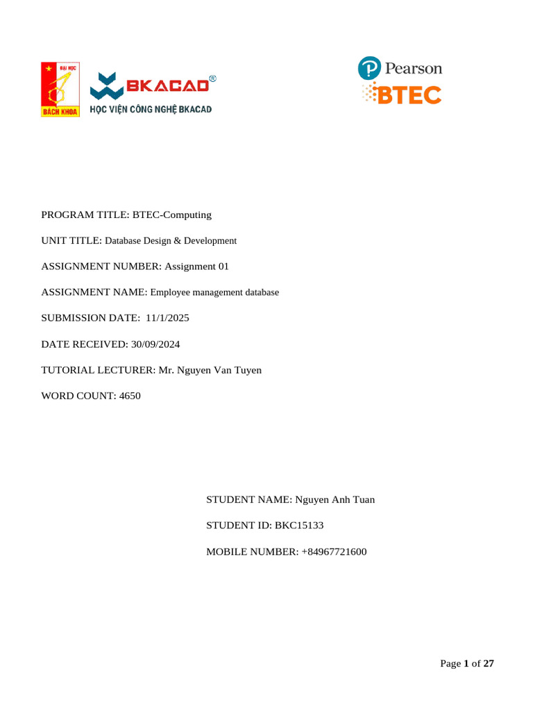 Nguyễn Anh Tuấn(BKC15133)-Asignment 1 lần 1-Database Design And Development | PDF | Relational ...