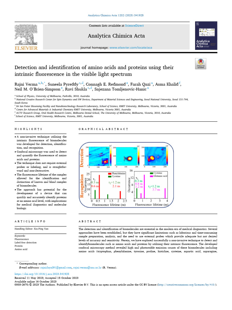 Detection and identification of amino acids and proteins using their ...