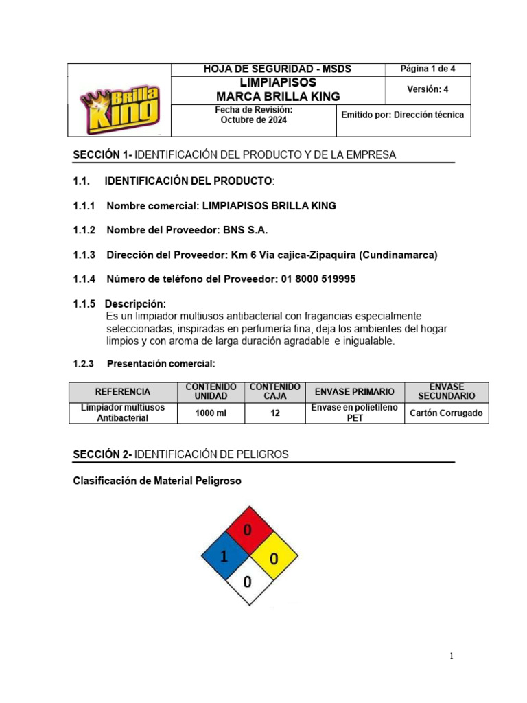 Desinfectante Brilla King | PDF | Agua | Residuos