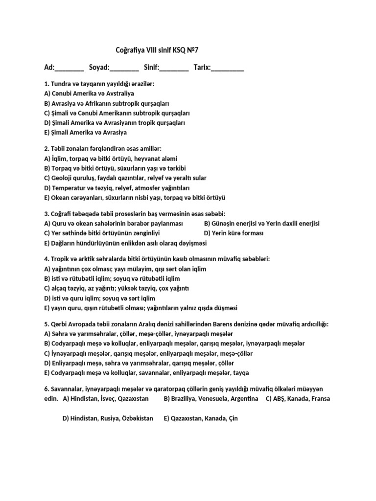 Coğrafiya VIII Sinif KSQ 7 | PDF