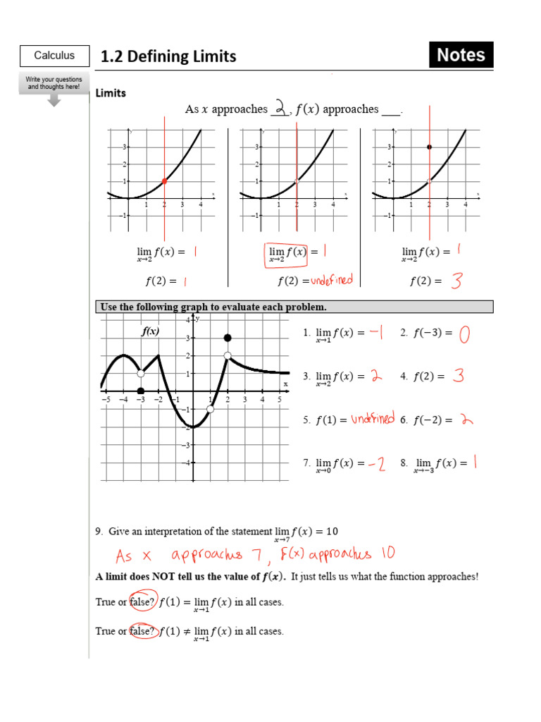 Calculus 1.2 Notes and Practice - Defining Limits and Using Limit ...