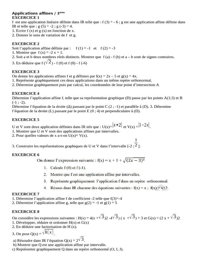 Applications affines en 3ème : Exercices | PDF