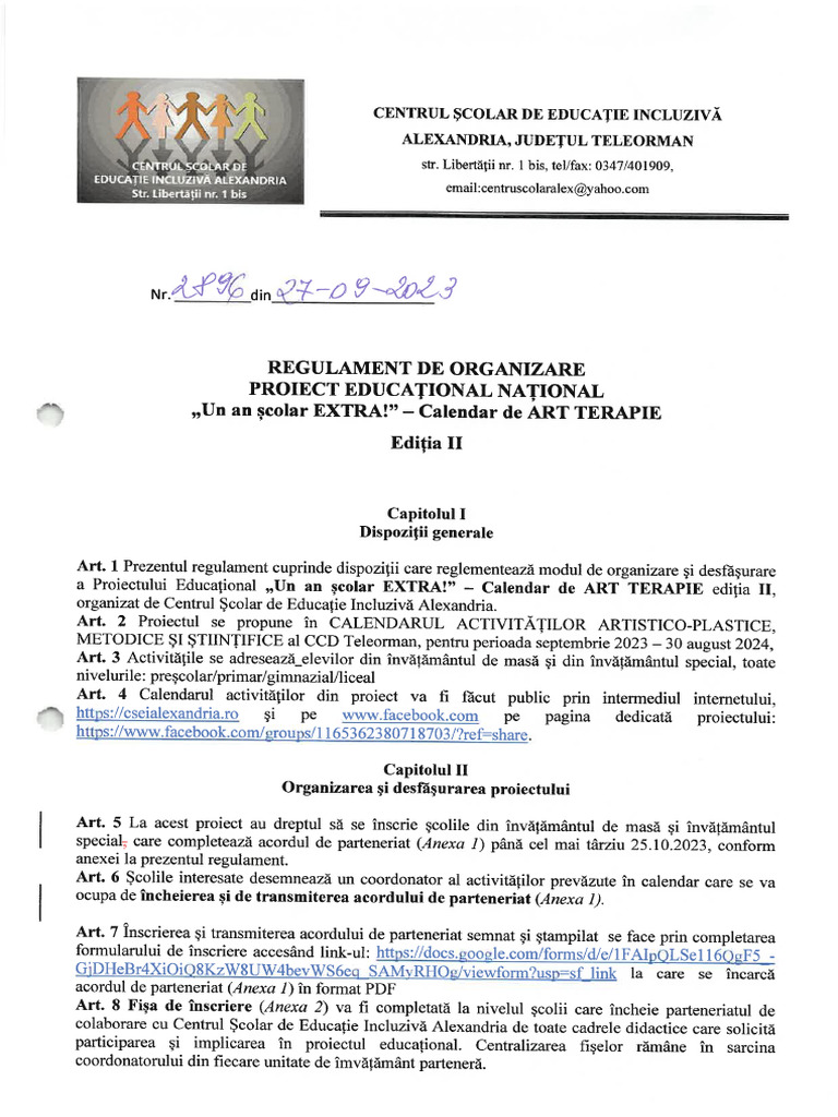 Regulament - Proiect - Un An Scolar EXTRA-Calendar de Art Terapie, Ediția A II-A-2023-2024 | PDF