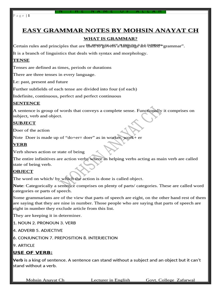 Easy Grammar Notes by Mohsin Anayat CH | PDF | Verb | Part Of Speech