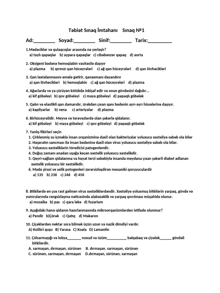 Təbiət Sınaq İmtahanı 1 6 Cı Sinif | PDF