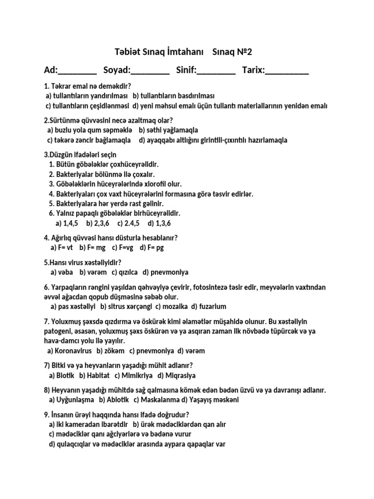 Təbiət Sınaq İmtahanı Sınaq 2 6 Cı Sinif | PDF