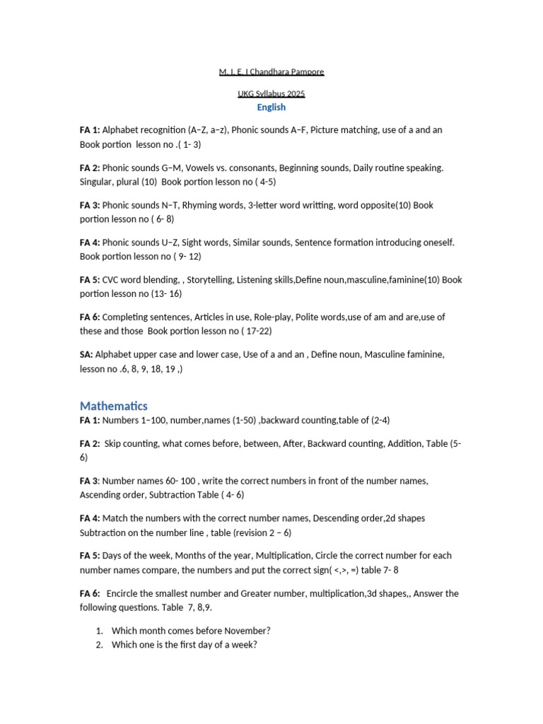 UKG Syllabus Booklet 2025 (A) | PDF | Grammatical Gender | Word