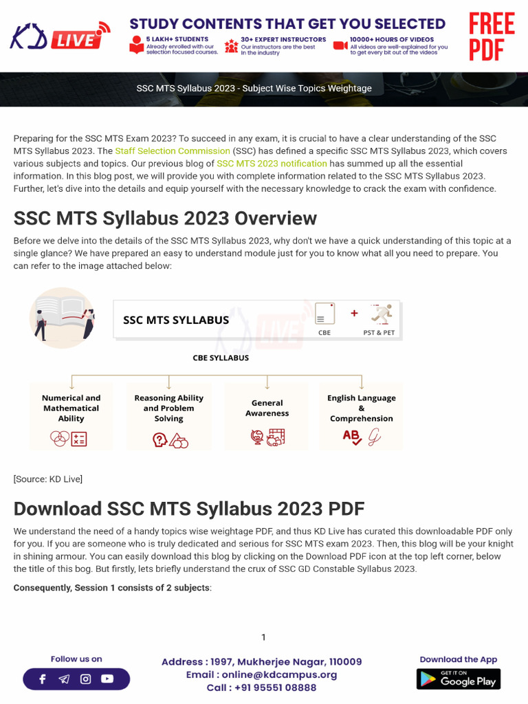 Ssc Mts Syllabus 2023 Subject Wise Topics Weightage | PDF