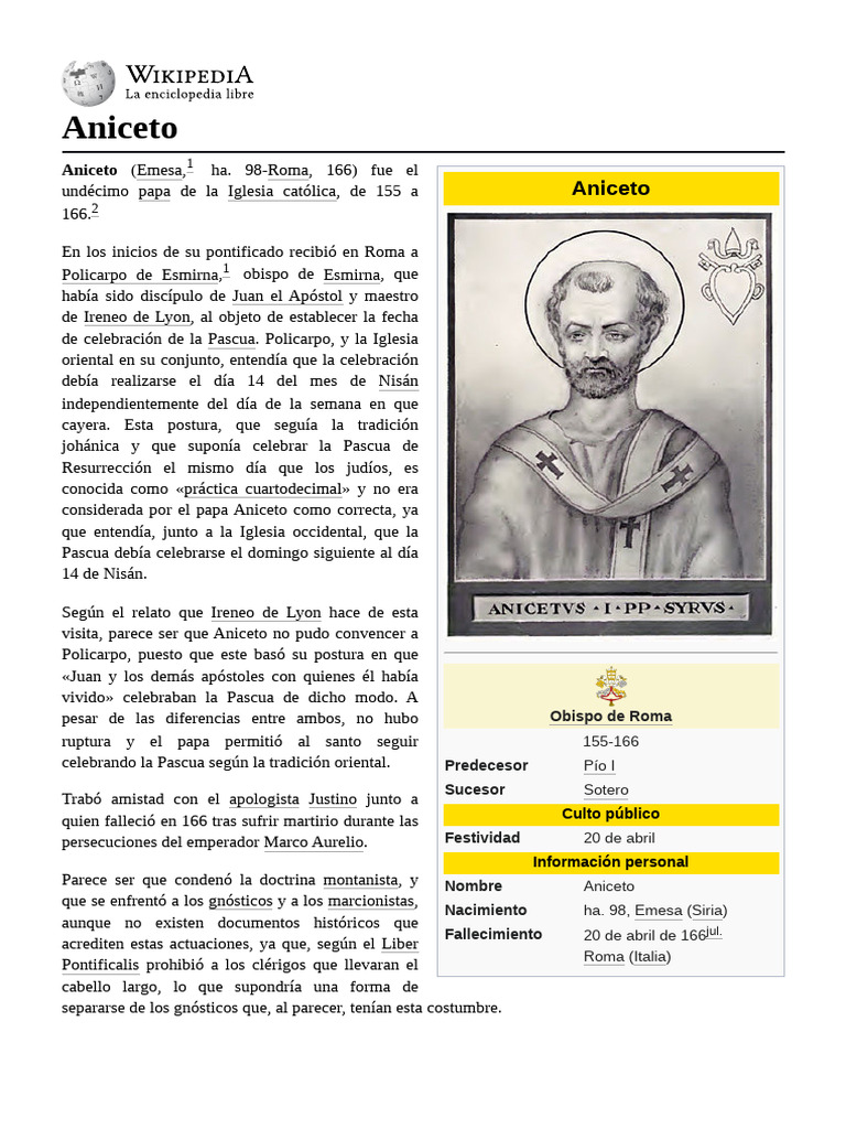 Papa Aniceto: Undécimo Papa (155-166) | PDF | Cristianismo primitivo ...