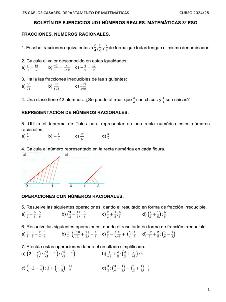 Boletín de Ejercicios Ud1 Números Reales 3ºeso | PDF | Número racional | Decimal