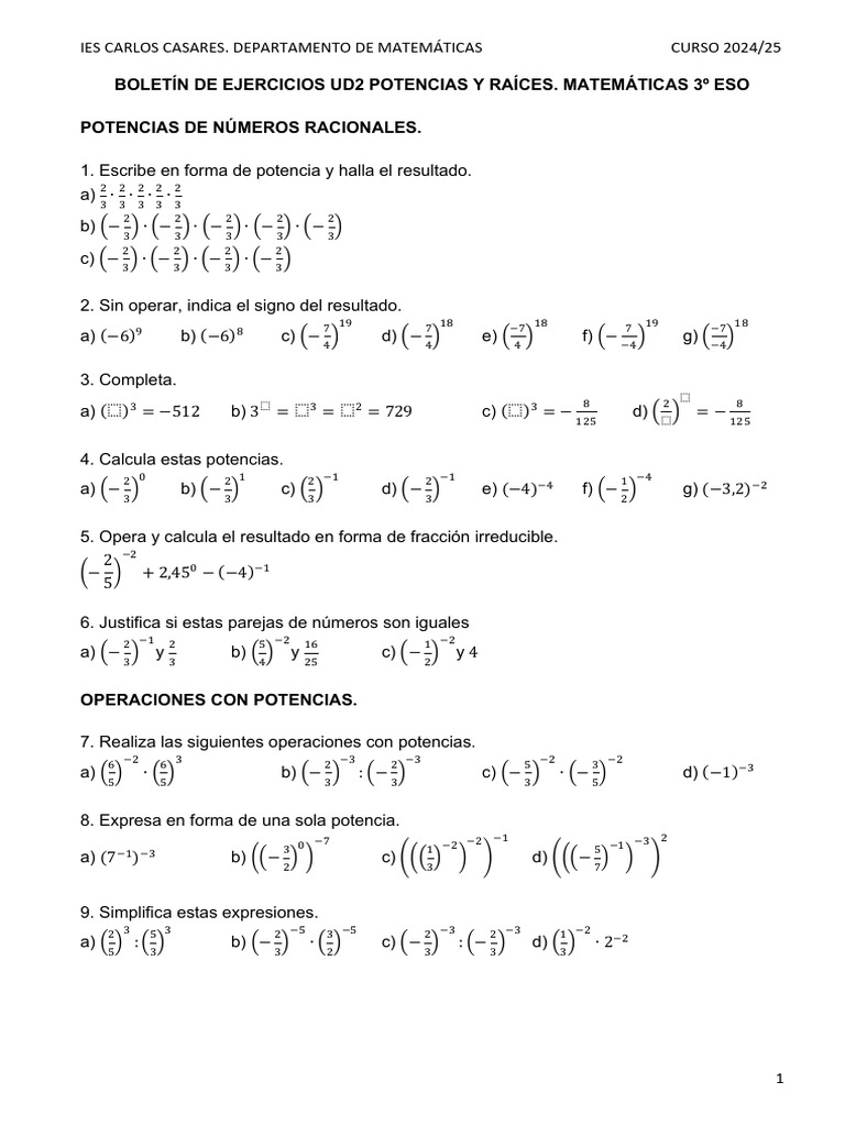 Boletín de Ejercicios Ud2 Potencias y Raíces 3ºeso | PDF | Matemáticas | Aritmética