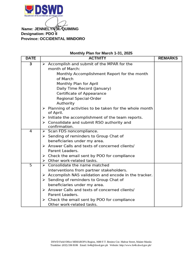 Monthly Plan For March 2025 | PDF