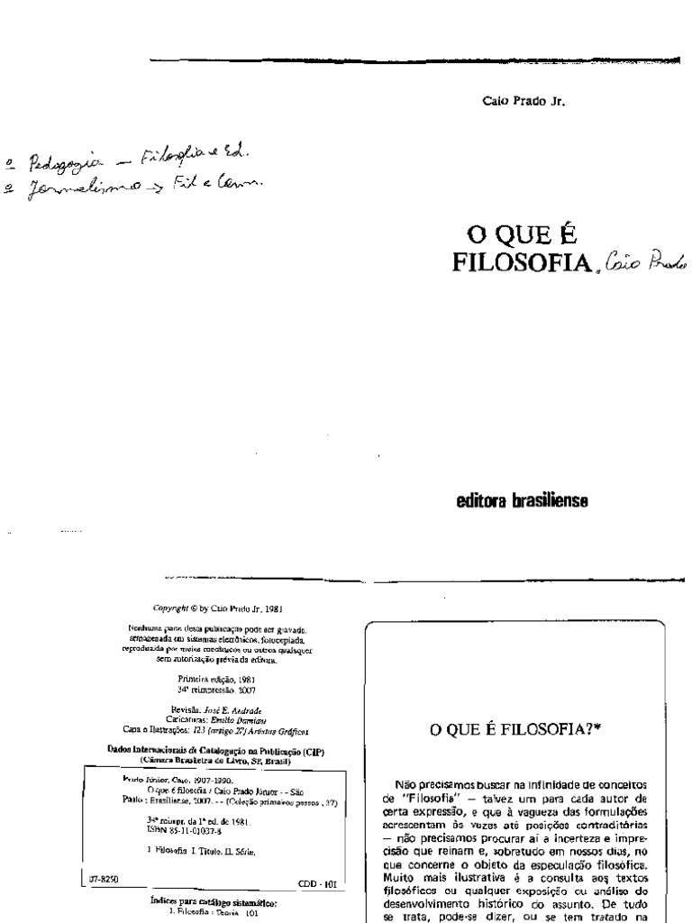 PRADO JÚNIOR, Caio. O Que É Filosofia. São Paulo Brasiliense, 1981. | PDF