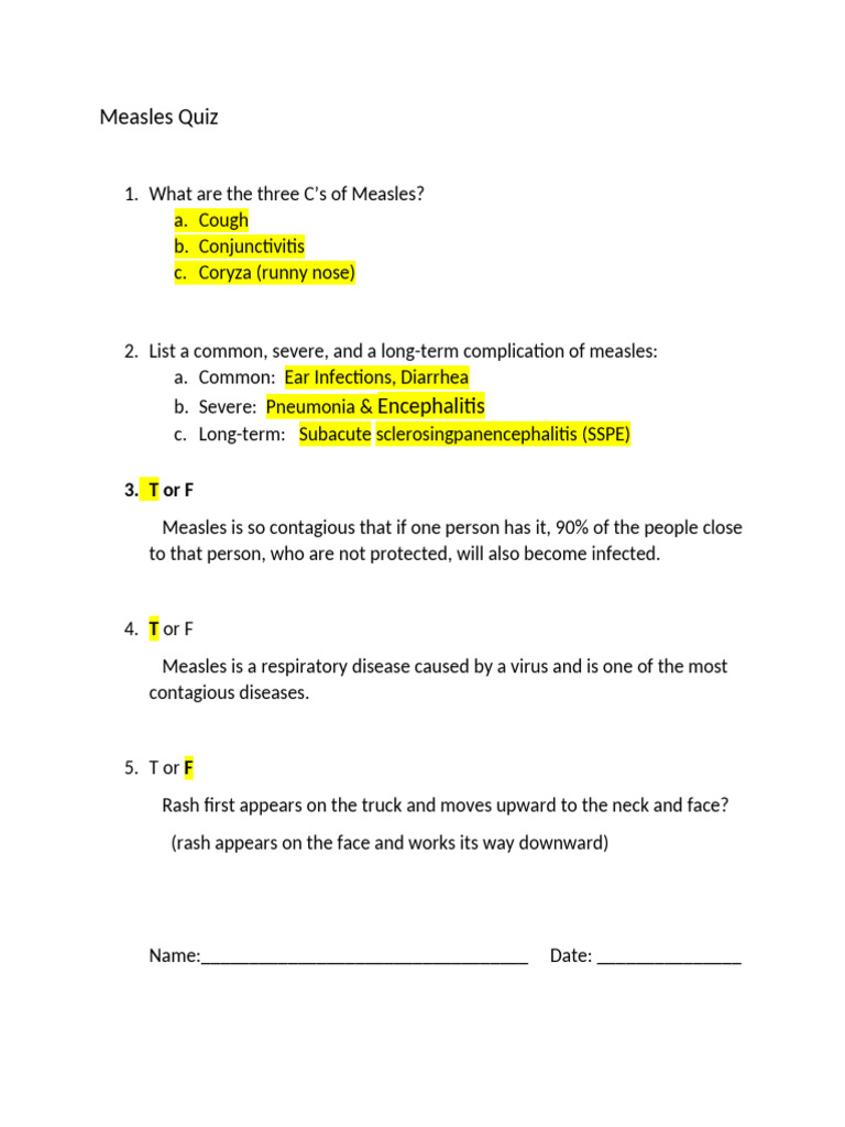 Measles Quiz Answers | PDF
