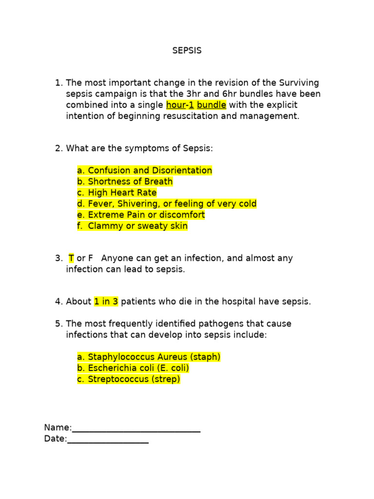 Sepsis Test Answers | PDF