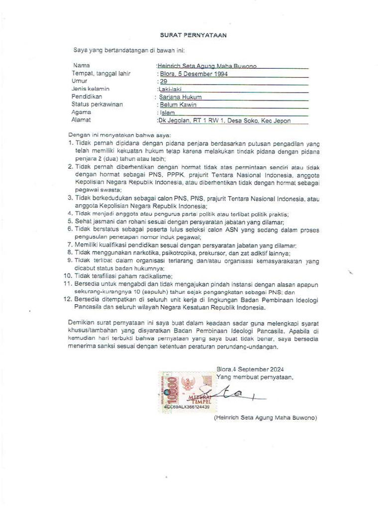 Surat Pernyataan Heinrich-1 | PDF