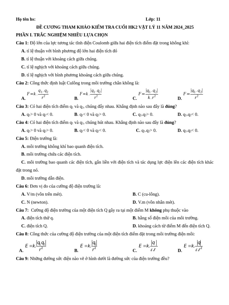 VL k11 - Hs - Đề Cương hk2 | PDF