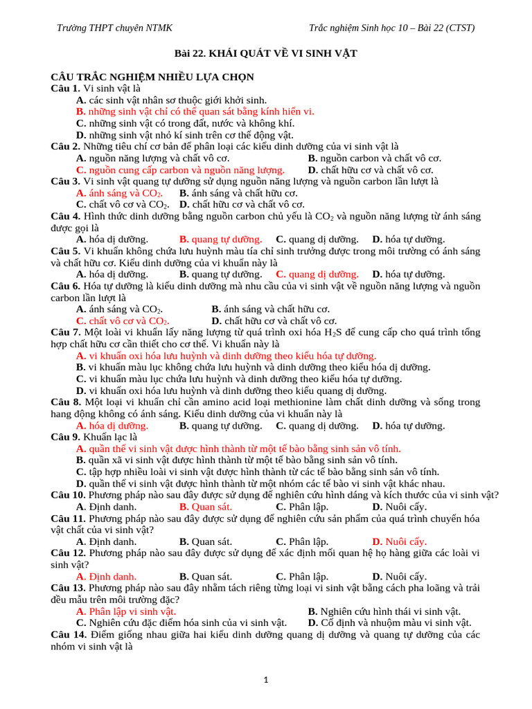 Sinh10 TN Bai22 | PDF