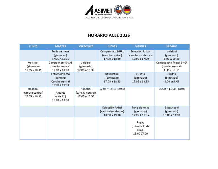 Horarios Acle 2025 | PDF