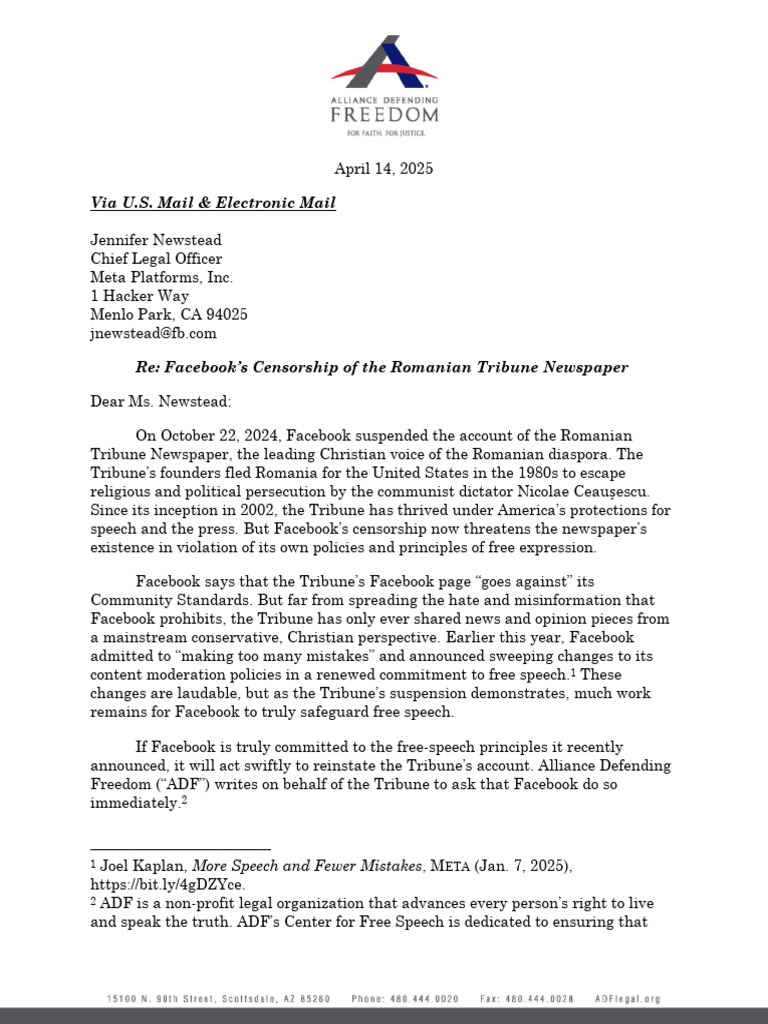 2025.04.14 Alliance Defending Freedom Letter Re The Romanian Tribune ...