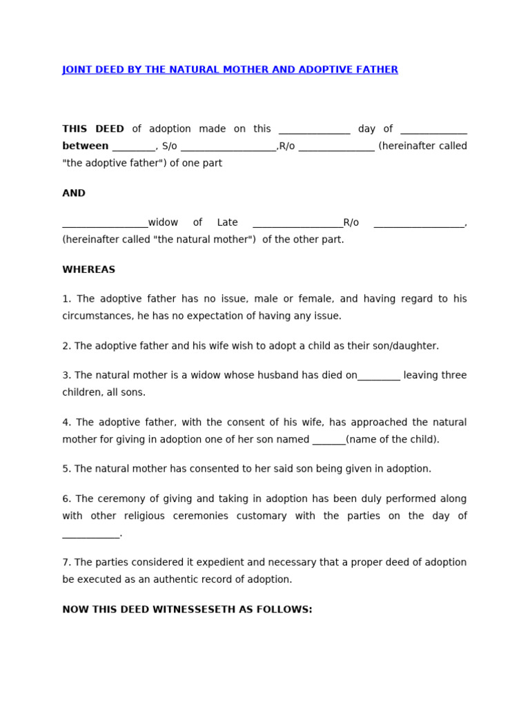 Joint Deed by The Natural Mother and Adoptive Father | PDF | Kinship ...