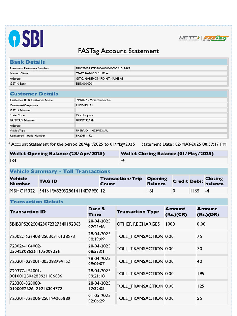 SBI - FASTAG - STATEMENT - 3997827 - MR - Sachin Sachin - FROM - 28 - Apr - 2025 - TO - 01 - May ...