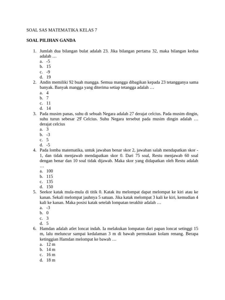 Soal Sas Matematika Kelas 7 | PDF