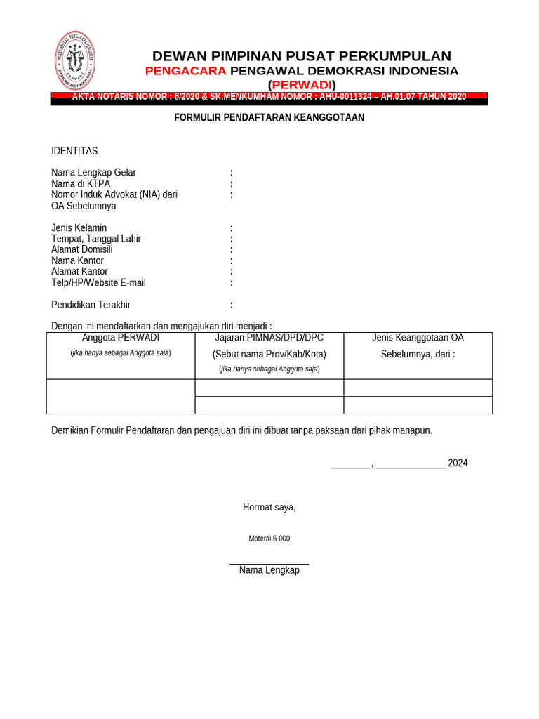 Formulir Pendaftaran Keanggotaan | PDF