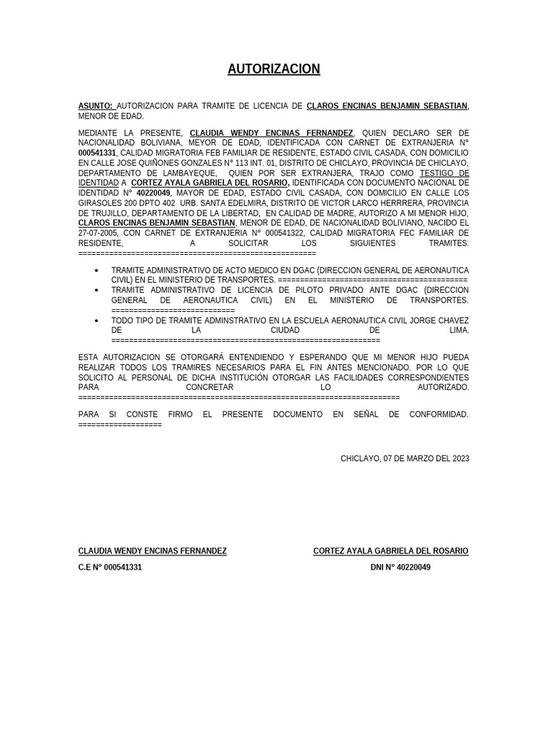 Autorizacion para Menor de Edad | PDF