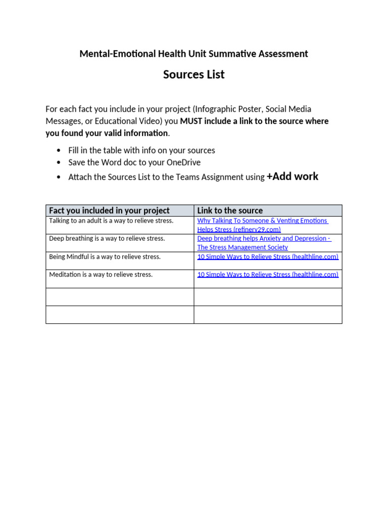 Sources List - Mental-Emotional Health Unit Summative Assessment | PDF