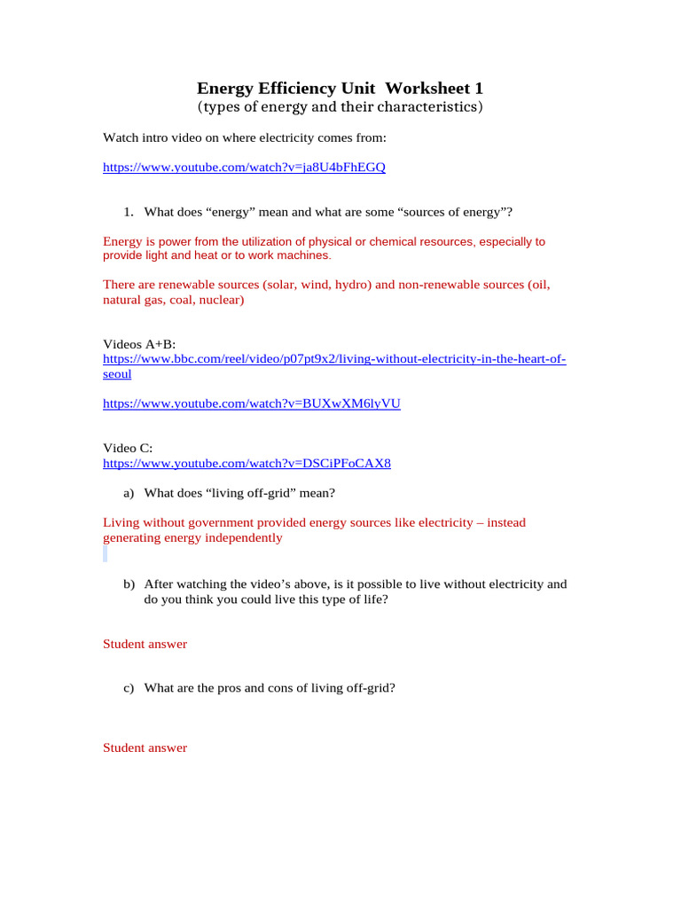 Energy Efficiency Worksheet 1 (With Answers) | PDF | Energy Development ...