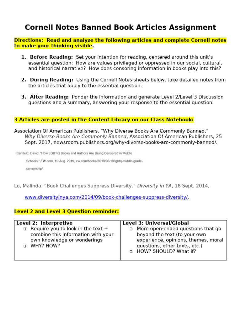 Cornell Notes For Banned Book Articles | PDF | Censorship