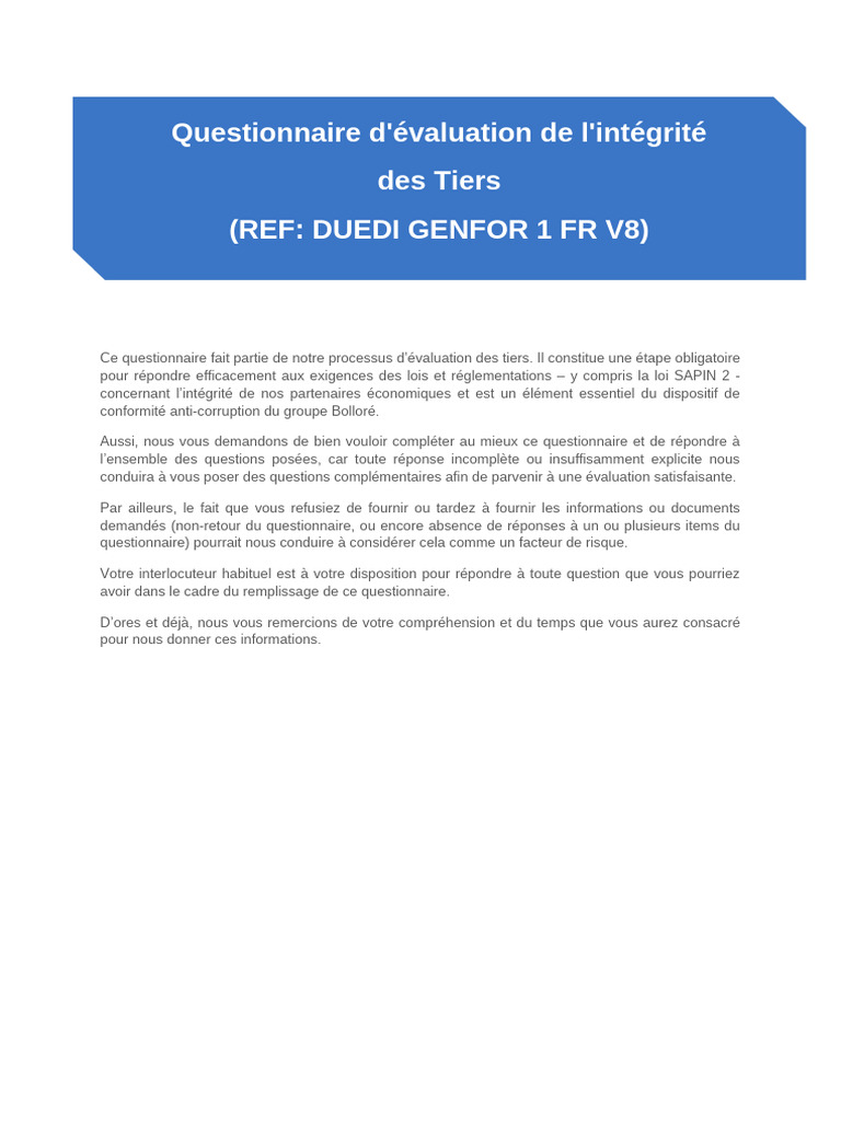 Questionnaire d'évaluation anti-corruption | PDF | Conflit d'intérêt ...