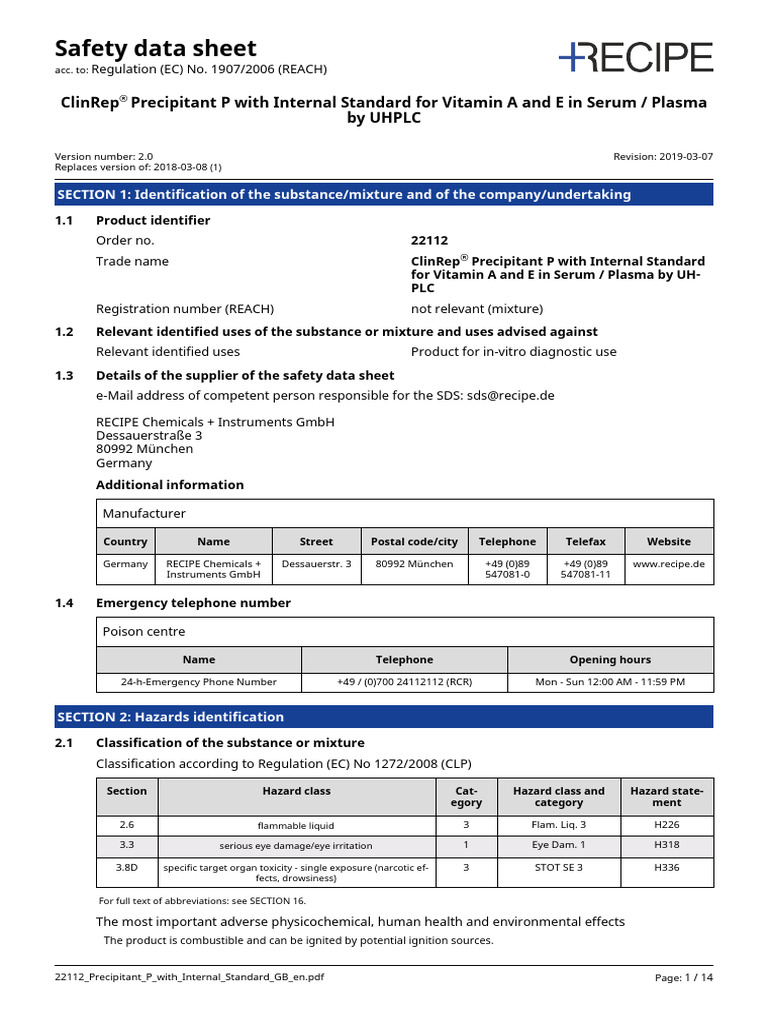ClinRep® Precipitant P Safety Data Sheet | PDF | Dangerous Goods | Waste