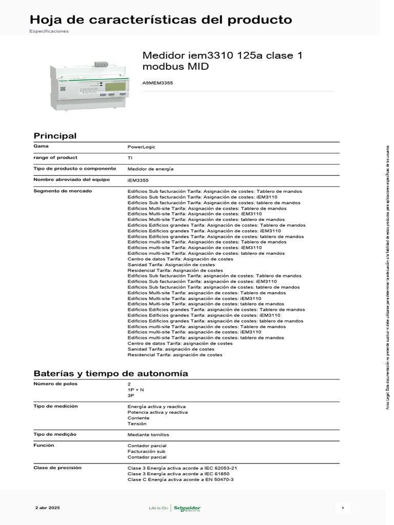 Schneider Electric - Contador-trifásico-iEM3000 - A9MEM3355 | PDF ...