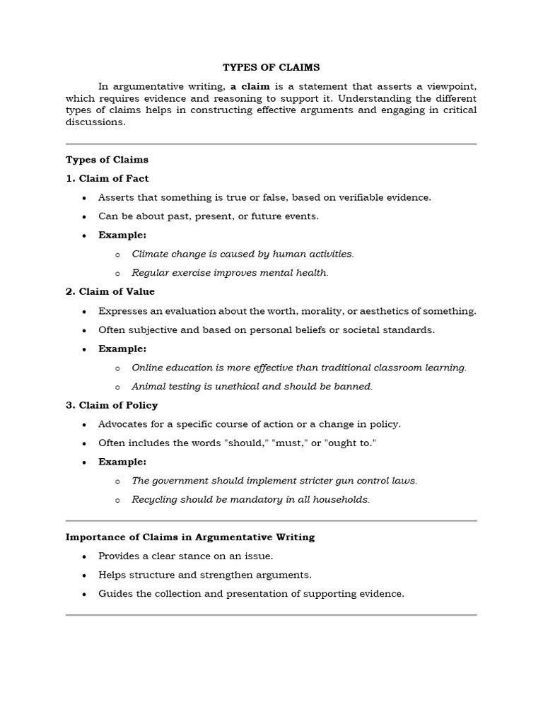 Types of Claims in Argumentative Writing | PDF