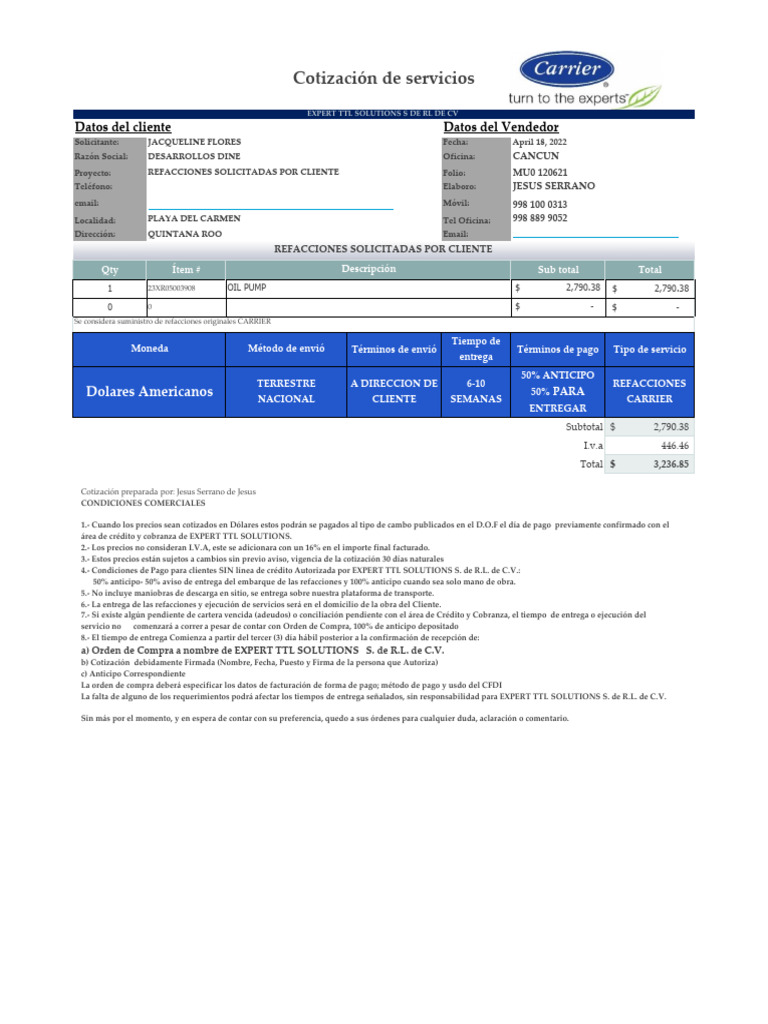 Cotizacion Refacciones Palladium Tulum 23XRV Abril2022 | PDF