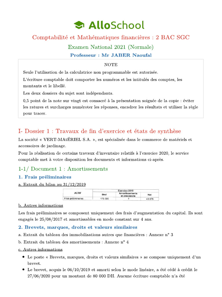 Compta 2bac SGC Examen National 2021 Normale 2 | PDF