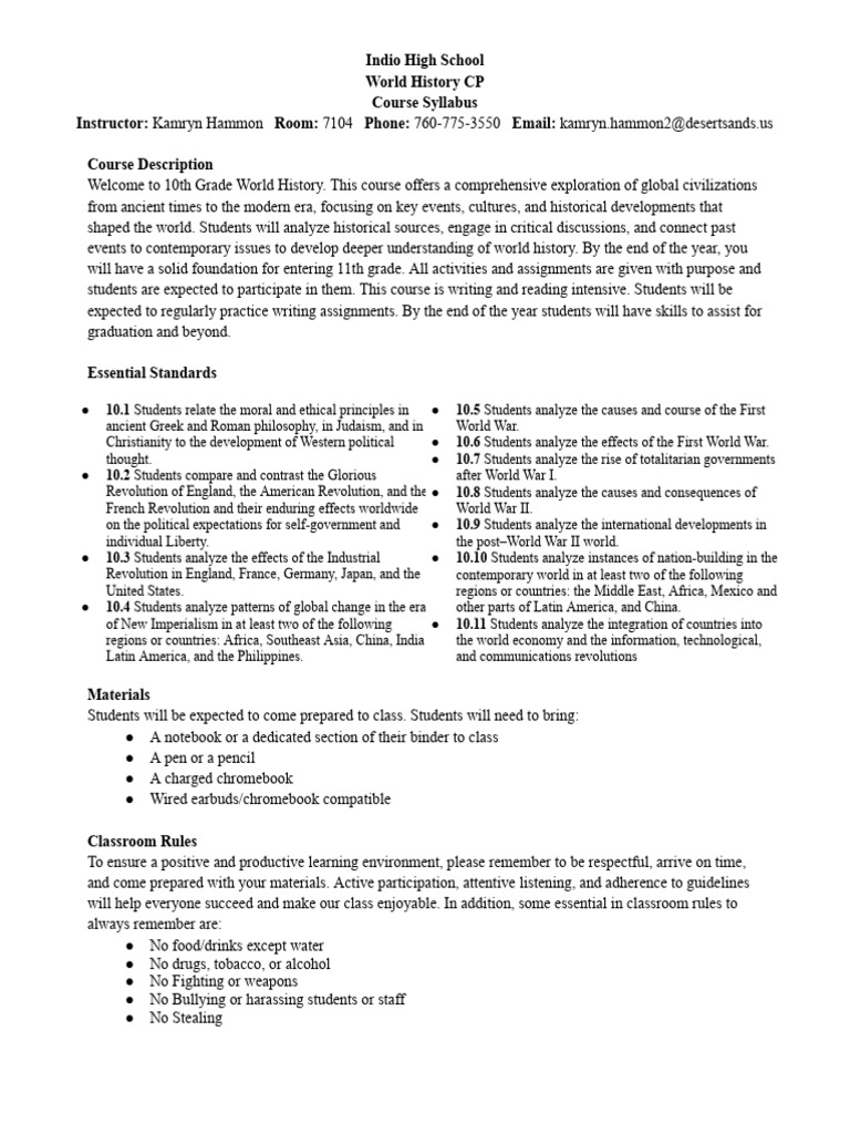 Indio High School World History Syllabus | PDF | Integrity | Academic ...