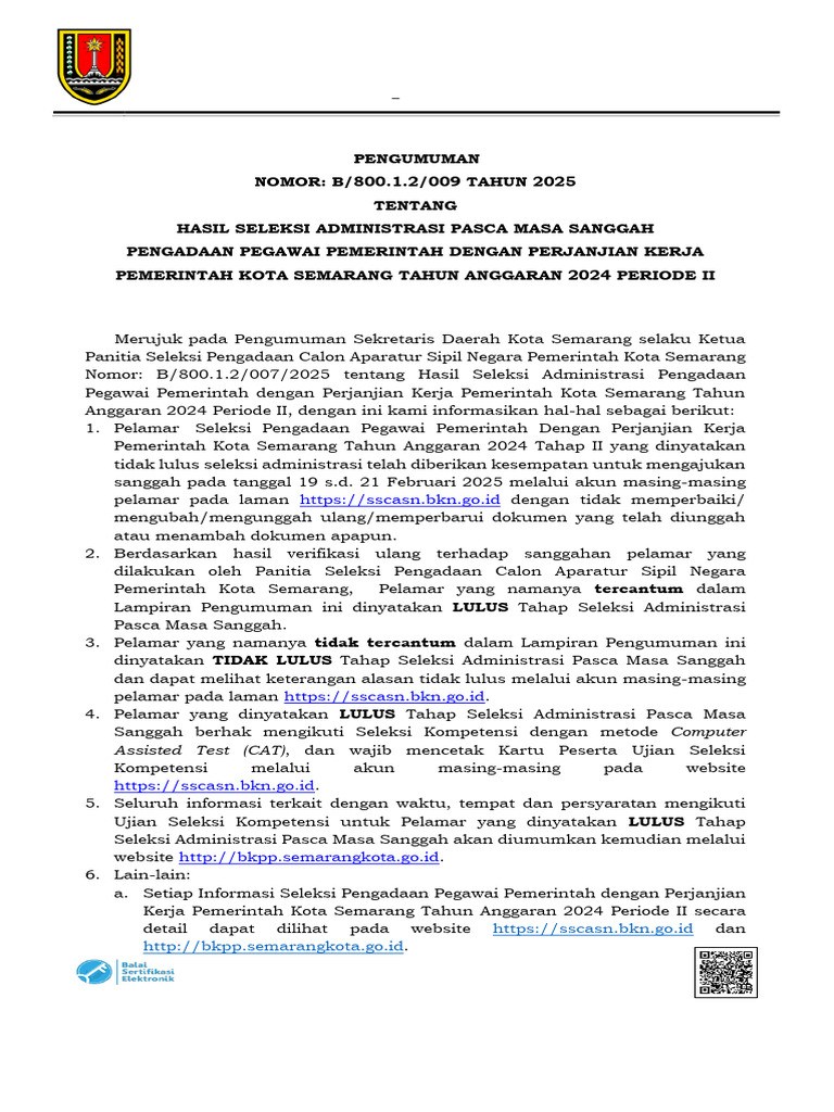 Pengumuman Seleksi Administrasi Pasca Masa Sanggah PPPK Ta 2024 Periode II Pake | PDF