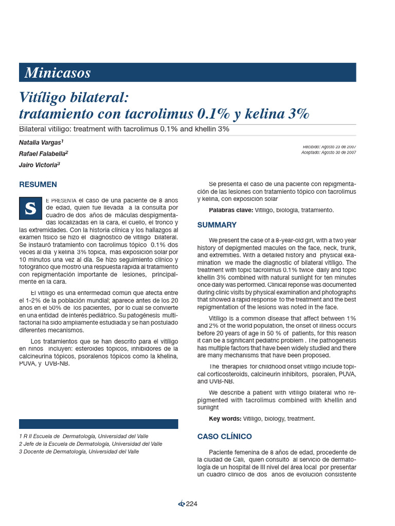 Tratamiento de vitíligo en pediatría: tacrolimus y kelina | PDF ...