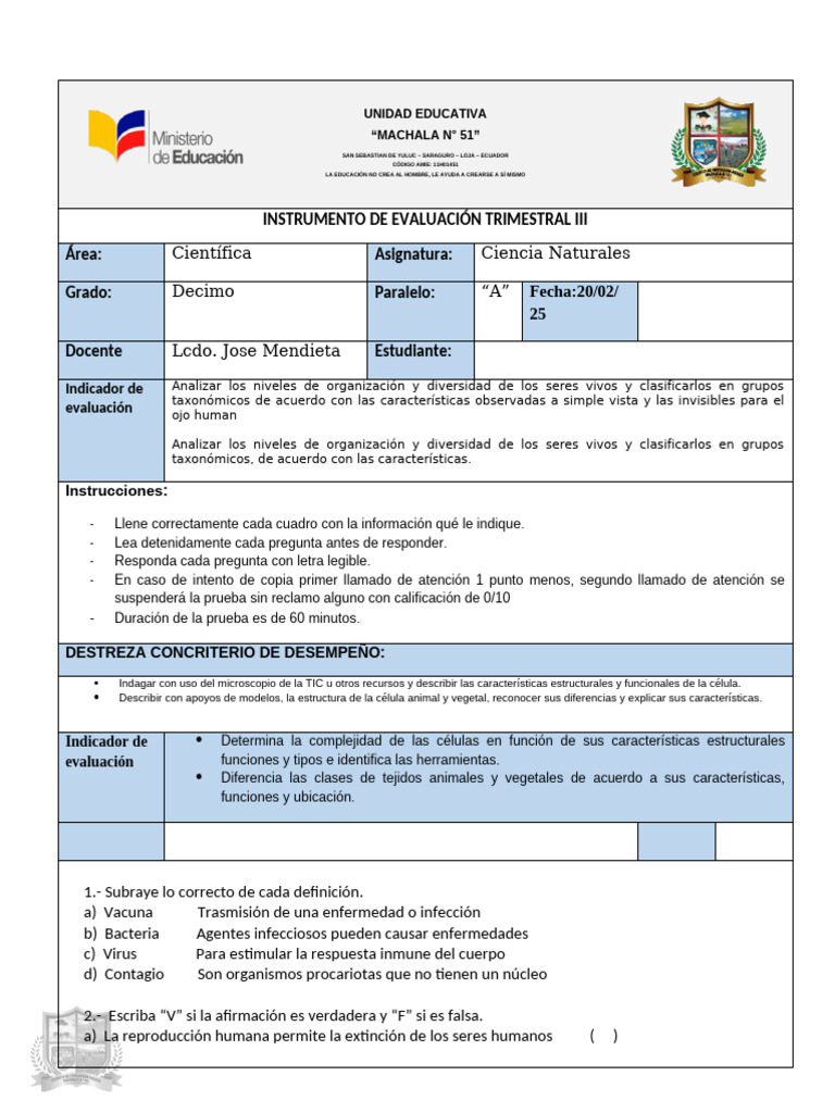 Evaluacion de CCNN 10mo 1er Trim | PDF | Virus | Las bacterias
