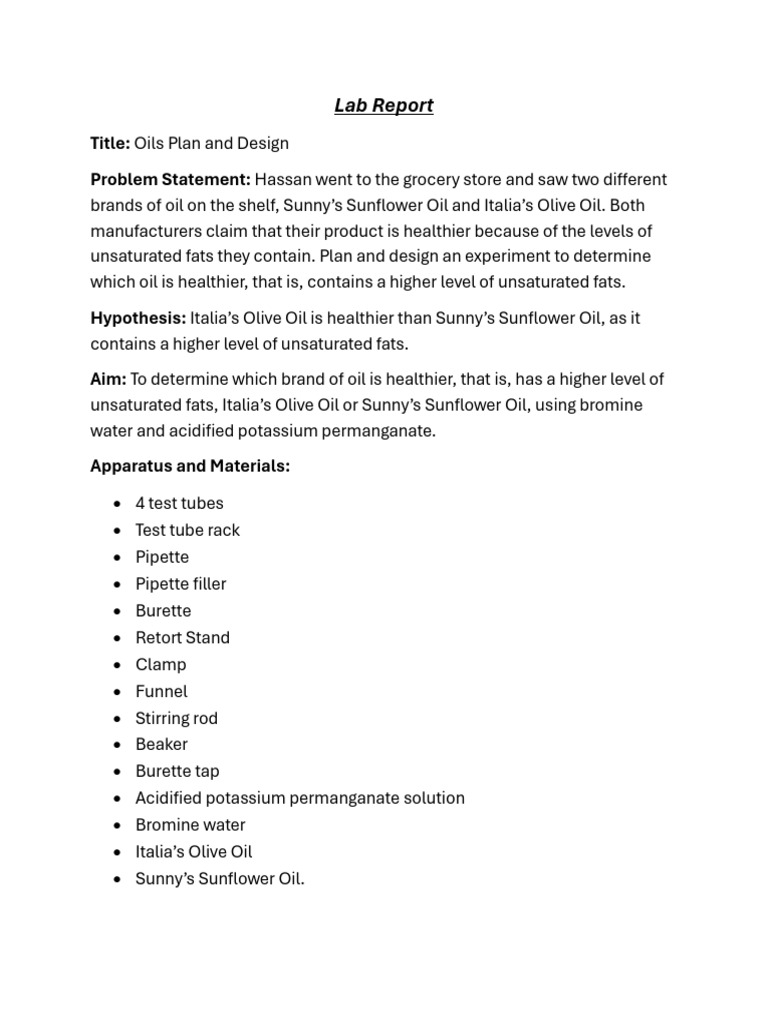 Lab #24 - Oils Plan and Design | PDF | Oil