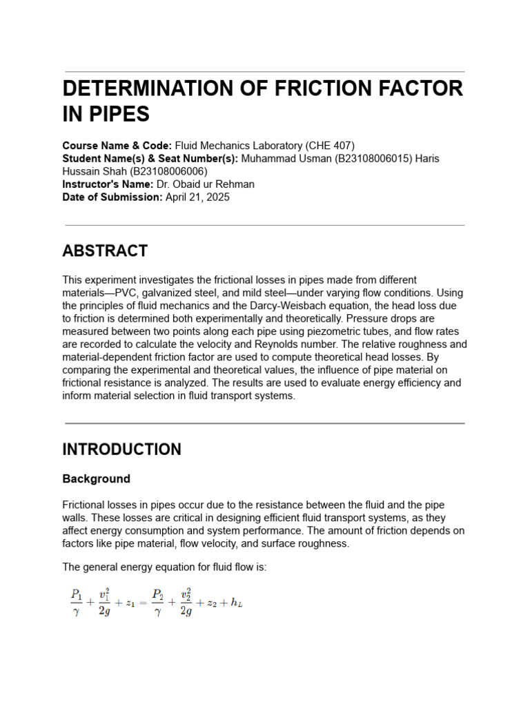 Group - 7, Week - 9, Friction Losses in Pipes | PDF | Reynolds Number | Fluid Dynamics