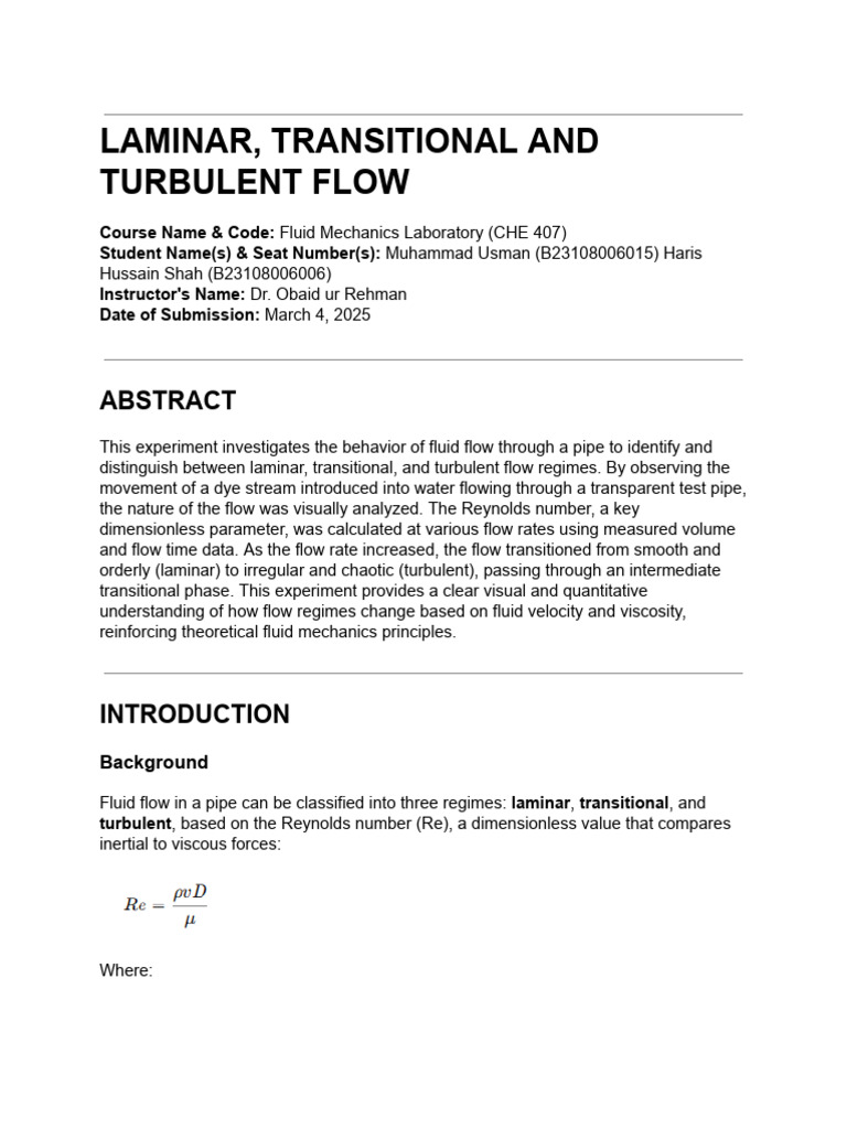 Group - 7, Week - 5, LAMINAR, TRANSITIONAL AND TURBULENT FLOW | PDF ...